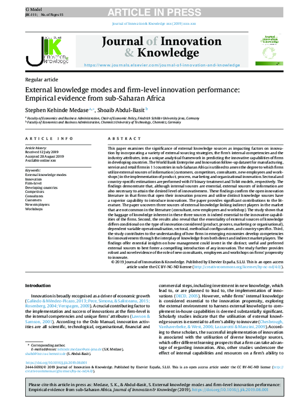 (PDF) External knowledge modes and firm-level innovation performance: Empirical evidence from ...
