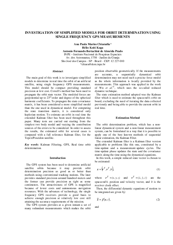 Pdf Investigation Of Simplified Models For Orbit Determination Using Single Frequency Gps