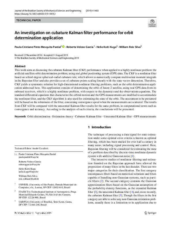 Pdf An Investigation On Cubature Kalman Filter Performance For Orbit