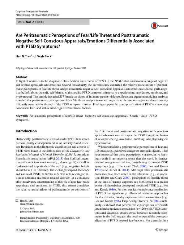 (PDF) Are Peritraumatic Perceptions of Fear/Life Threat and ...