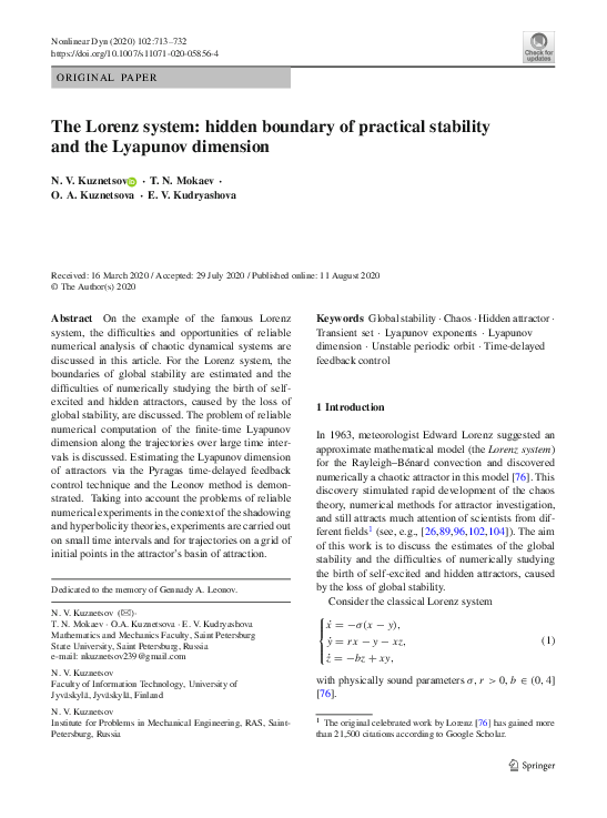 (PDF) The Lorenz system: hidden boundary of practical stability and the Lyapunov dimension