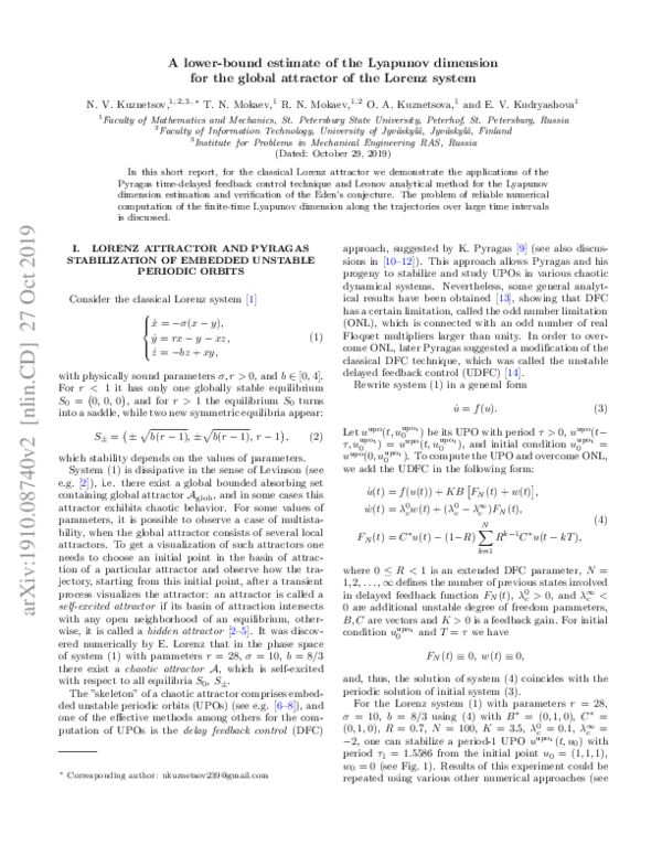 (PDF) A lower-bound estimate of the Lyapunov dimension for the global attractor of the Lorenz system