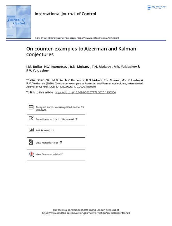 (PDF) On counter-examples to Aizerman and Kalman conjectures