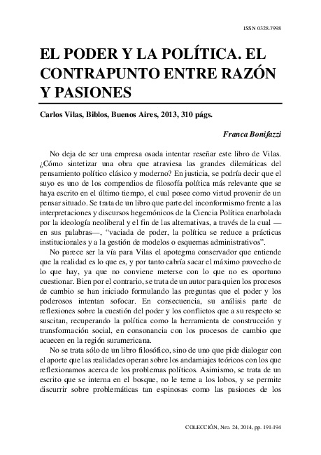(PDF) El poder y la política. El contrapunto entre razón y pasiones: Carlos Vilas, Biblos ...