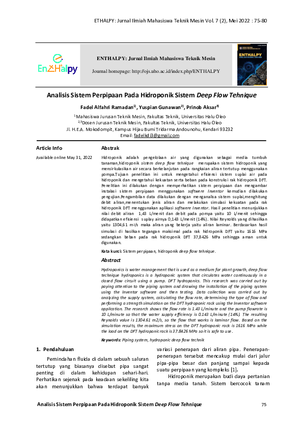 (PDF) Analisis Sistem Perpipaan Pada Hidroponik Sistem Deep Flow Tehnique