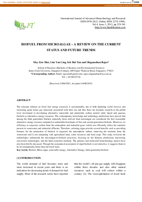 (PDF) Biofuel from microalgae: a review on the current status and future trends