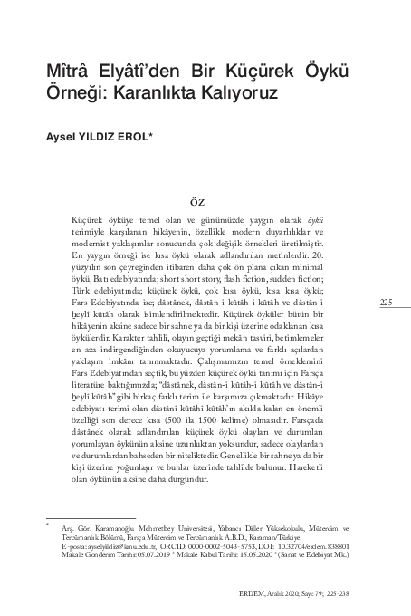 (PDF) Mîtrâ Elyâtî’den Bir Küçürek Öykü Örneği: Karanlıkta Kalıyoruz ...
