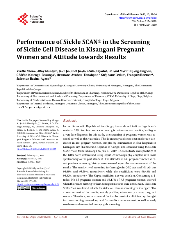 (PDF) Performance of Sickle SCAN® in the Screening of Sickle Cell ...