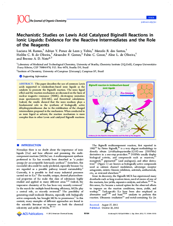 (PDF) Mechanistic Studies on Lewis Acid Catalyzed Biginelli Reactions in Ionic Liquids: Evidence ...