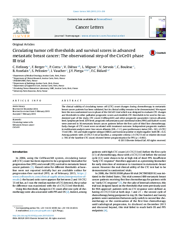 (PDF) Circulating tumor cell thresholds and survival scores in advanced ...