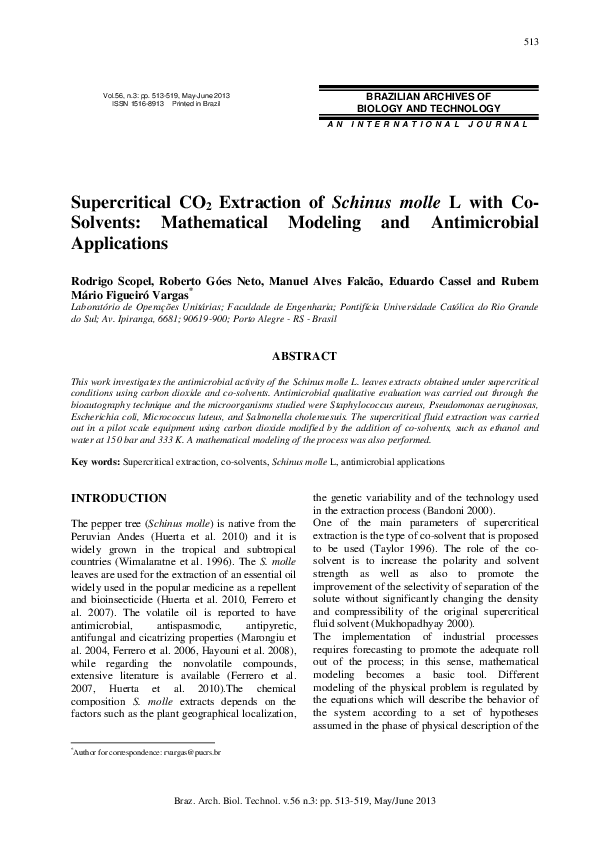 (PDF) Supercritical CO2 extraction of Schinus molle L with co-solvents: mathematical modeling ...