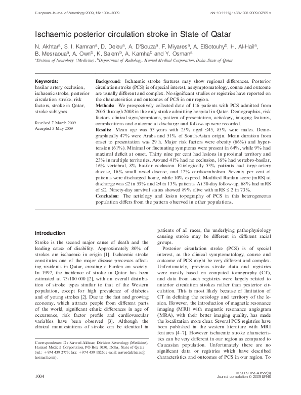 (PDF) Ischaemic posterior circulation stroke in State of Qatar