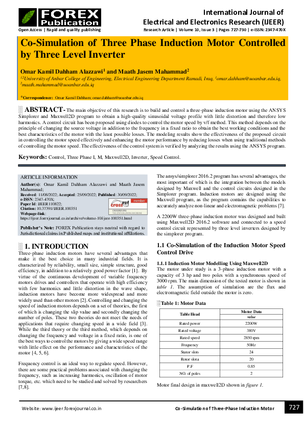 Pdf Co Simulation Of Three Phase Induction Motor Controlled By Three Level Inverter