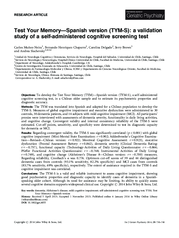 (PDF) Test Your Memory Spanish version (TYM-S): Validation of a self ...