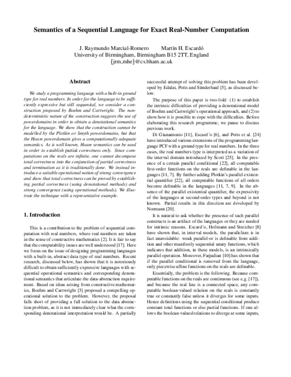 (PDF) Semantics of a sequential language for exact real-number computation