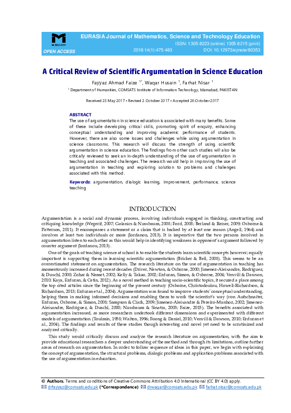 (PDF) A Critical Review of Scientific Argumentation in Science Education