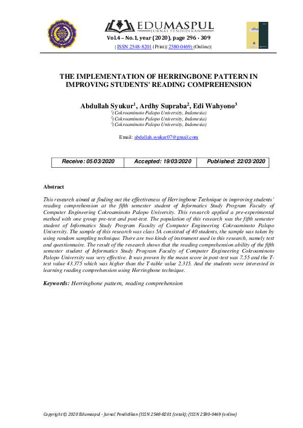 (PDF) The Implementation of Herringbone Pattern in Improving Students' Reading Comprehension