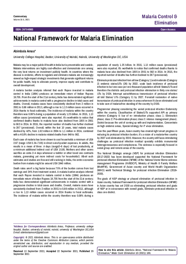 (PDF) National Framework for Malaria Elimination