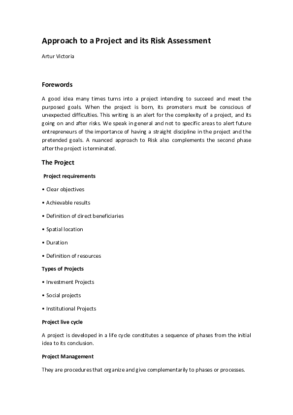 (PDF) Approach to a Project and its Risk Assessment | Artur Victoria ...