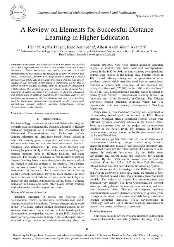 (PDF) A Review on Elements for Successful Distance Learning in Higher ...