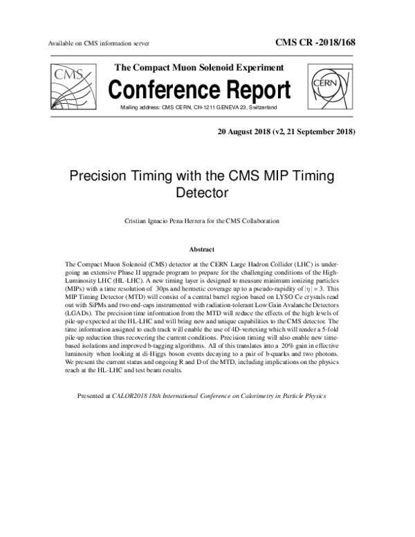 (PDF) Precision Timing with the CMS MIP Timing Detector | Adi Bornheim ...