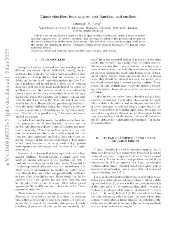 (PDF) Linear classifier, least-squares cost function, and outliers