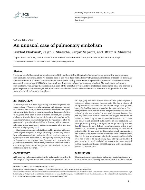 (PDF) An unusual case of pulmonary embolism