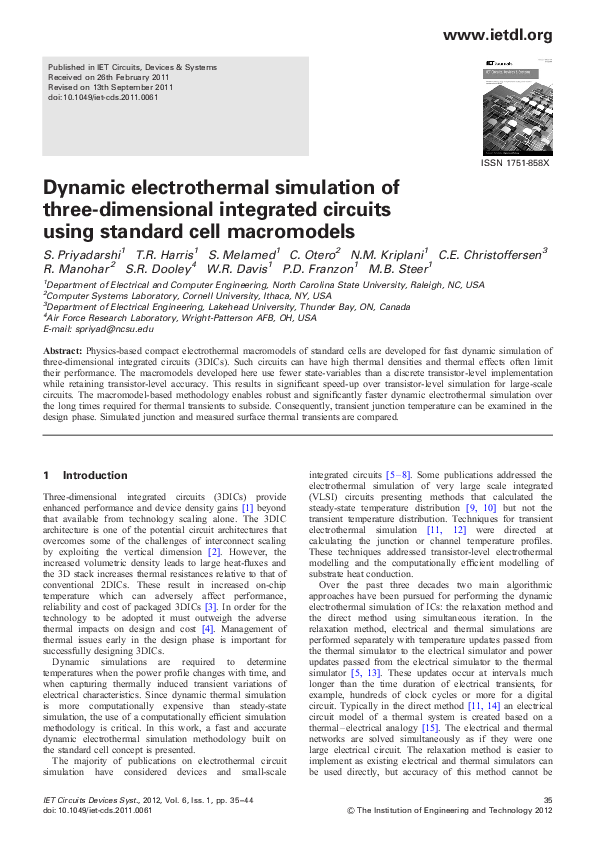 (PDF) Dynamic electrothermal simulation of three-dimensional integrated circuits using standard ...