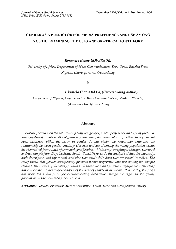 (PDF) GENDER AS A PREDICTOR FOR MEDIA PREFERENCE AND USE AMONG YOUTH: EXAMINING THE USES AND ...