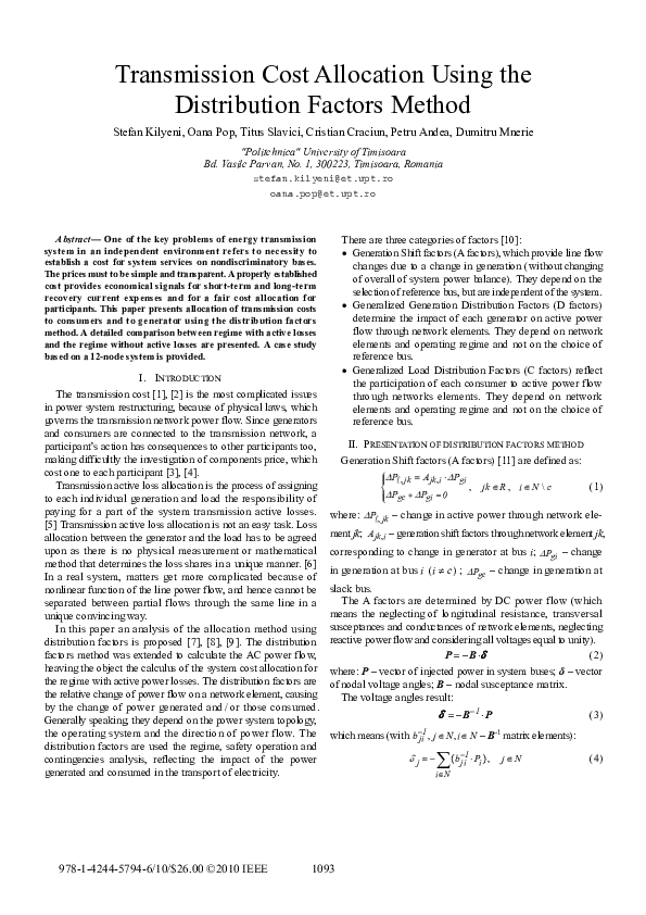 (PDF) Transmission cost allocation using the distribution factors method