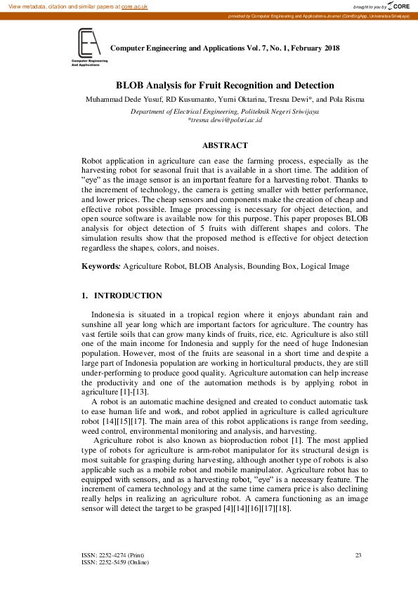 (PDF) BLOB Analysis for Fruit Recognition and Detection
