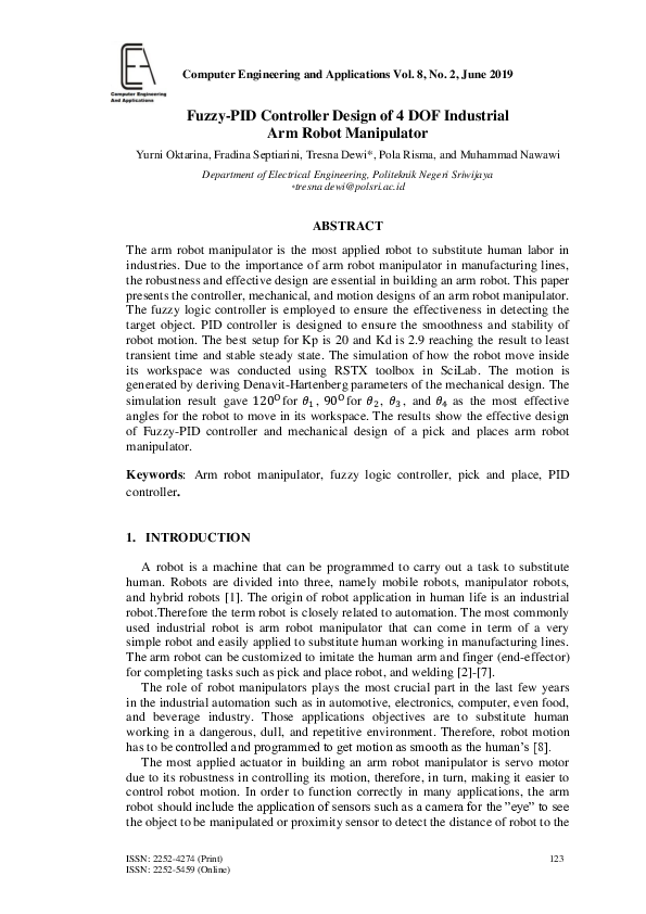 (PDF) Fuzzy-PID Controller Design of 4 DOF Industrial Arm Robot Manipulator | yurni oktarina ...