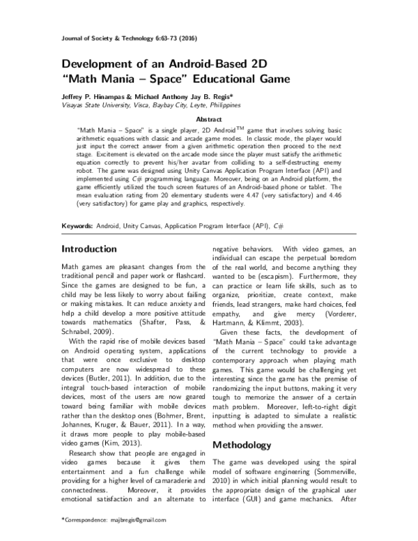 (PDF) Android Game 'Math Mania - Space' Enhances Arithmetic Skills