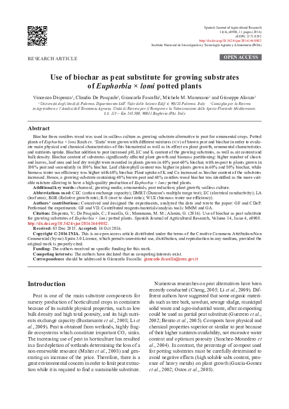 (PDF) Use of biochar as peat substitute for growing substrates of ...