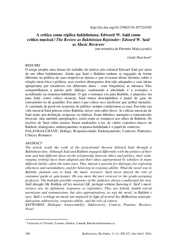 (PDF) A crítica como réplica bakhtiniana: Edward W. Said como crítico ...