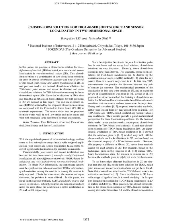 (PDF) Closed-form solution for TDOA-based joint source and sensor localization in two ...