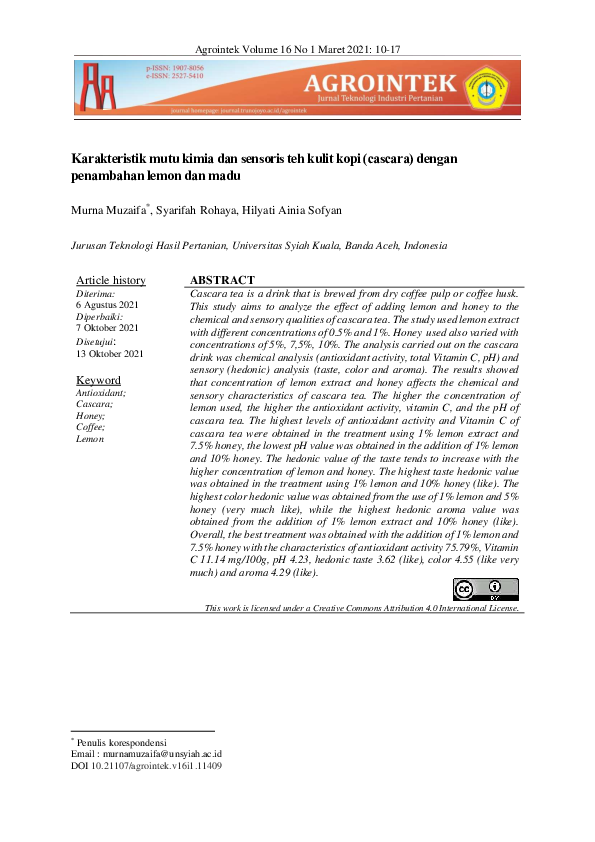 (PDF) Karakteristik Mutu Fisikokimia Dan Organoleptik Teh Kulit Kopi (Cascara) Dengan Penambahan ...