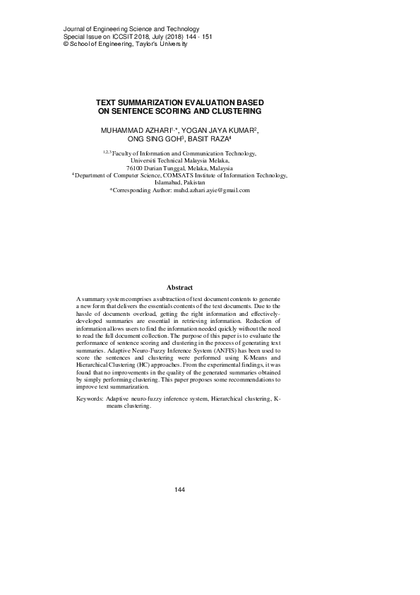 Pdf Text Summarization Evaluation Based On Sentence Scoring And Clustering