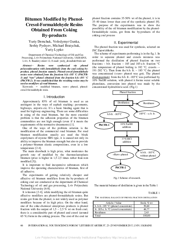 (PDF) Bitumen modified by phenol-cresol-formaldehyde resins obtained from coking by-products