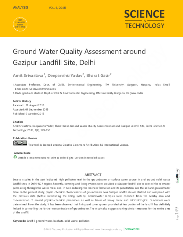 (PDF) Ground water quality assessment around Gazipur landfill site, Delhi