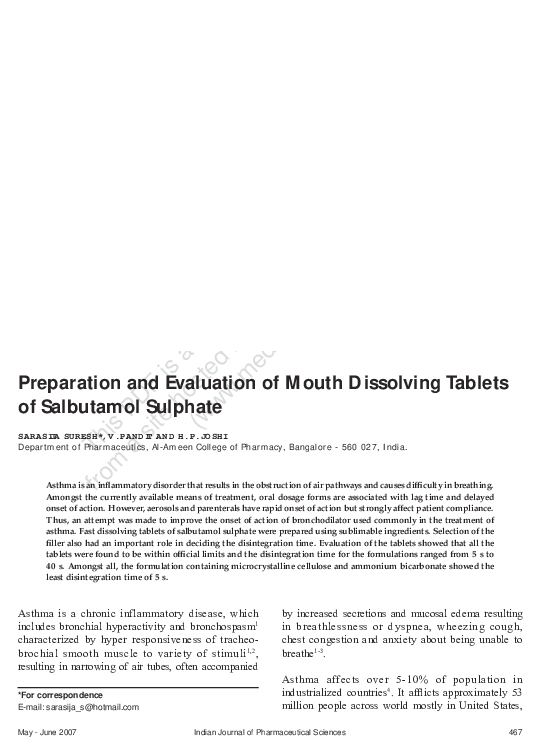 Pdf Preparation And Evaluation Of Mouth Dissolving Tablets Of Salbutamol Sulphate 20ee055