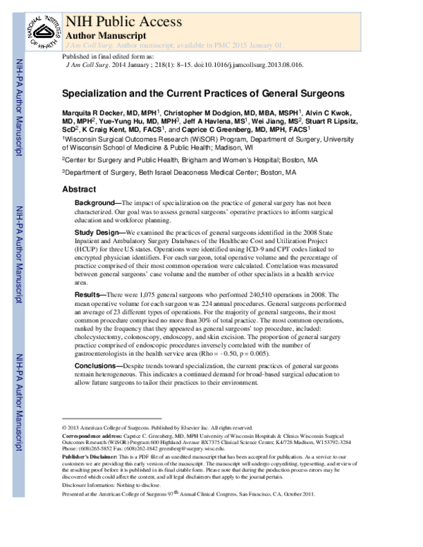 (PDF) Specialization and the Current Practices of General Surgeons