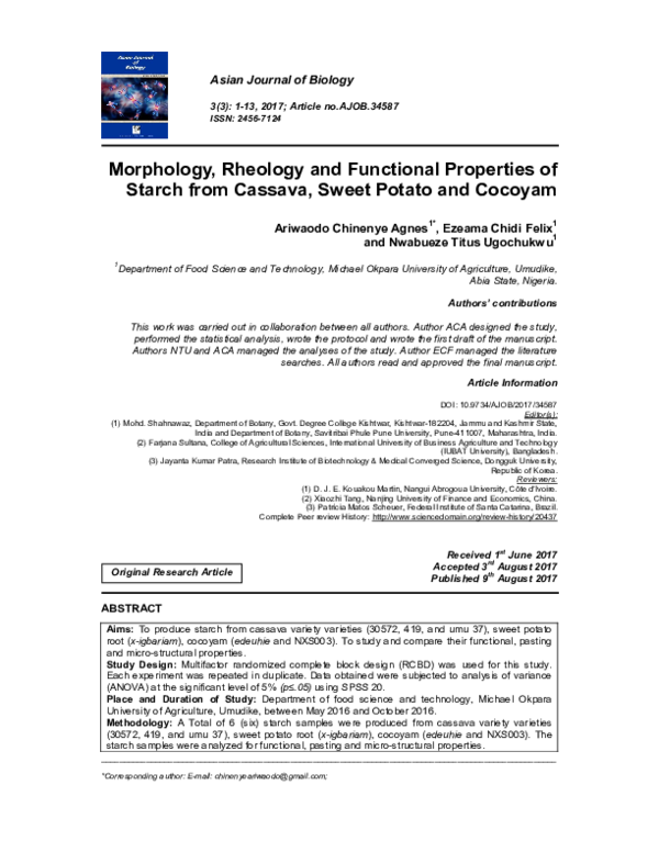 (PDF) Morphology, Rheology and Functional Properties of Starch from Cassava, Sweet Potato and ...