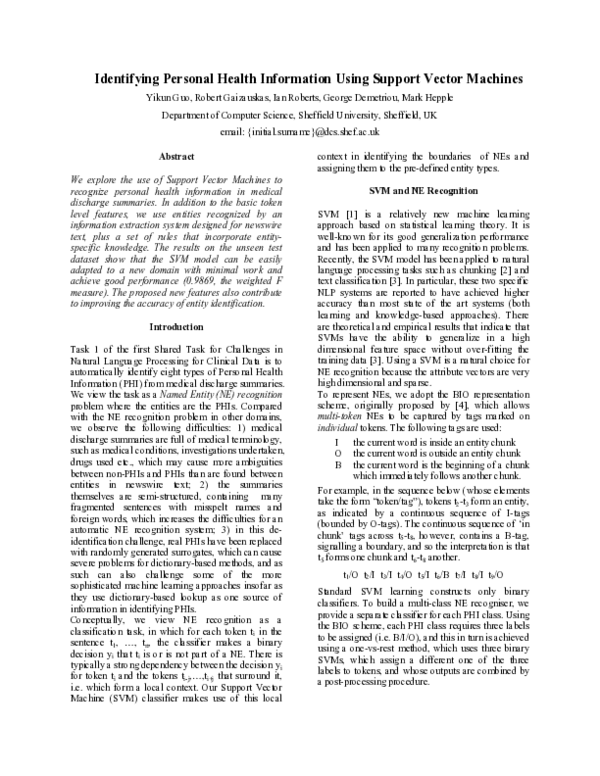 (PDF) Identifying Personal Health Information Using Support Vector Machines