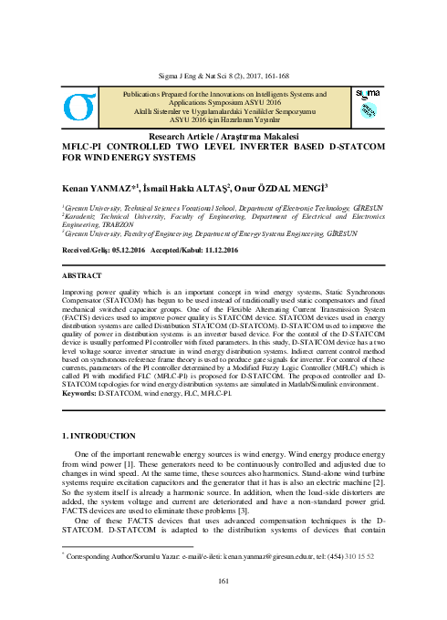 Pdf Mflc Pi Controlled Two Level Inverter Based D Statcom For Wind