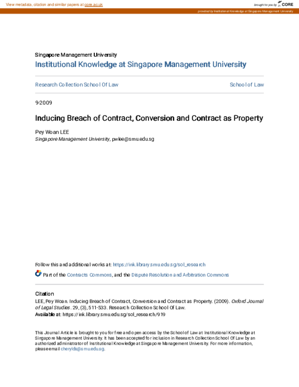 (PDF) Inducing Breach of Contract, Conversion and Contract as Property