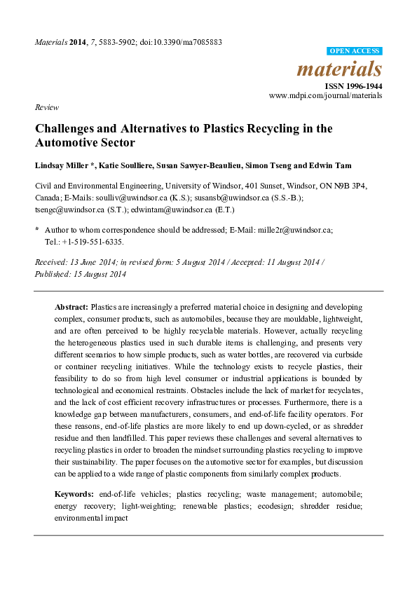 (PDF) Review Challenges and Alternatives to Plastics Recycling in the ...