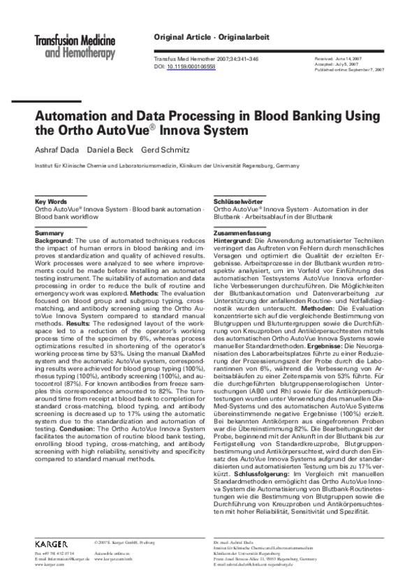(PDF) Automation and Data Processing in Blood Banking Using the Ortho ...