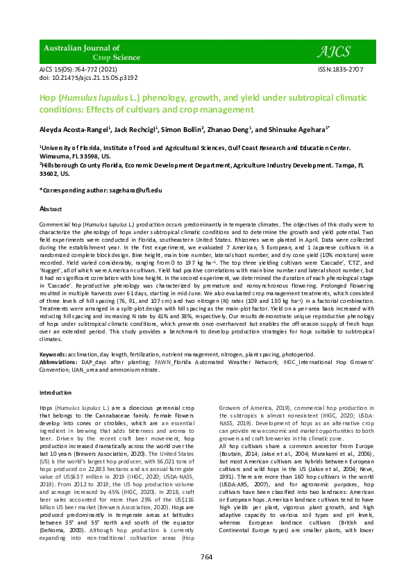 (PDF) Hop (Humulus lupulus L.) phenology, growth, and yield under ...