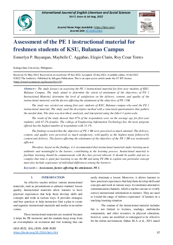 (PDF) Assessment of the PE 1 instructional material for freshmen ...
